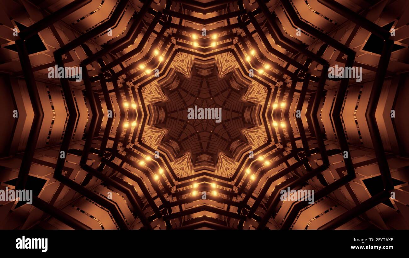 A 3D rendering of futuristic kaleidoscope patterns in neon brown and ...
