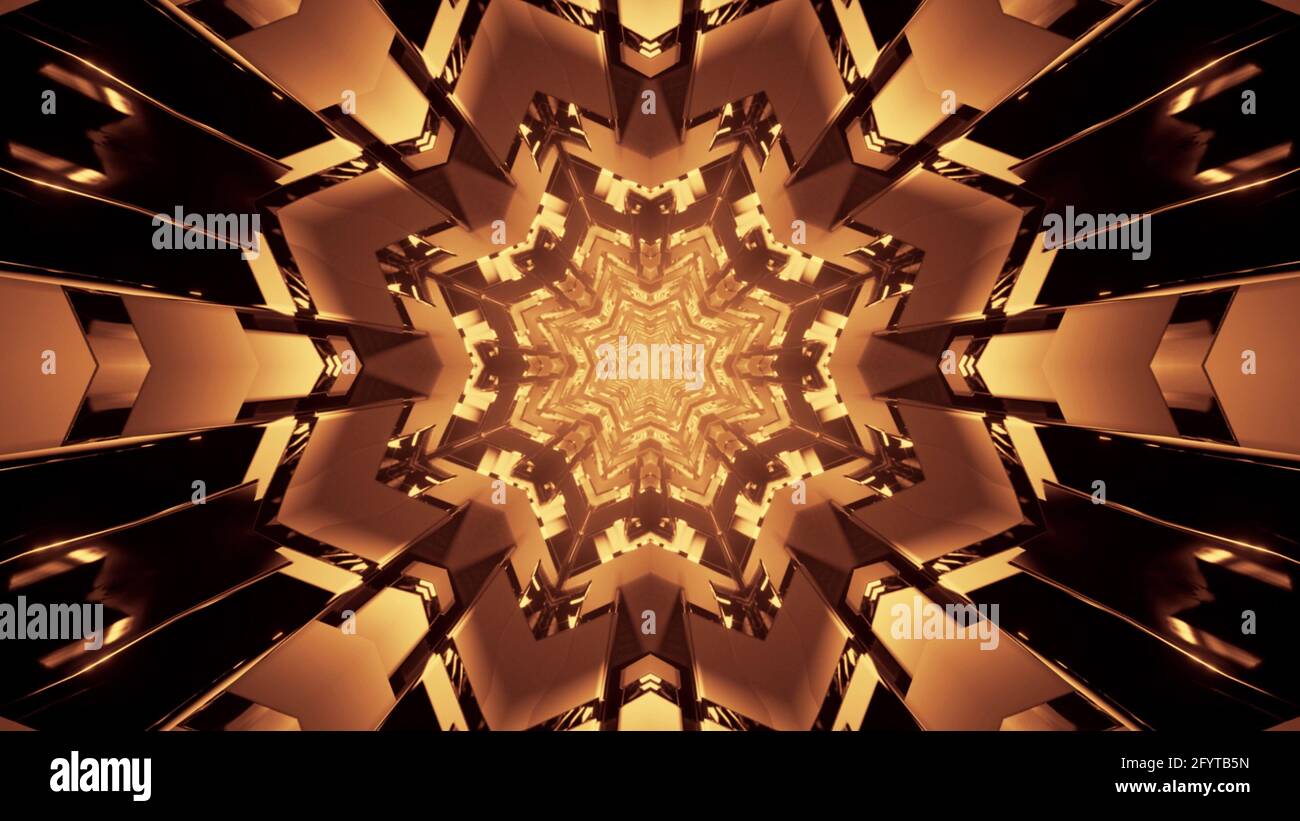 A 3D rendering of futuristic kaleidoscope patterns in neon brown and ...