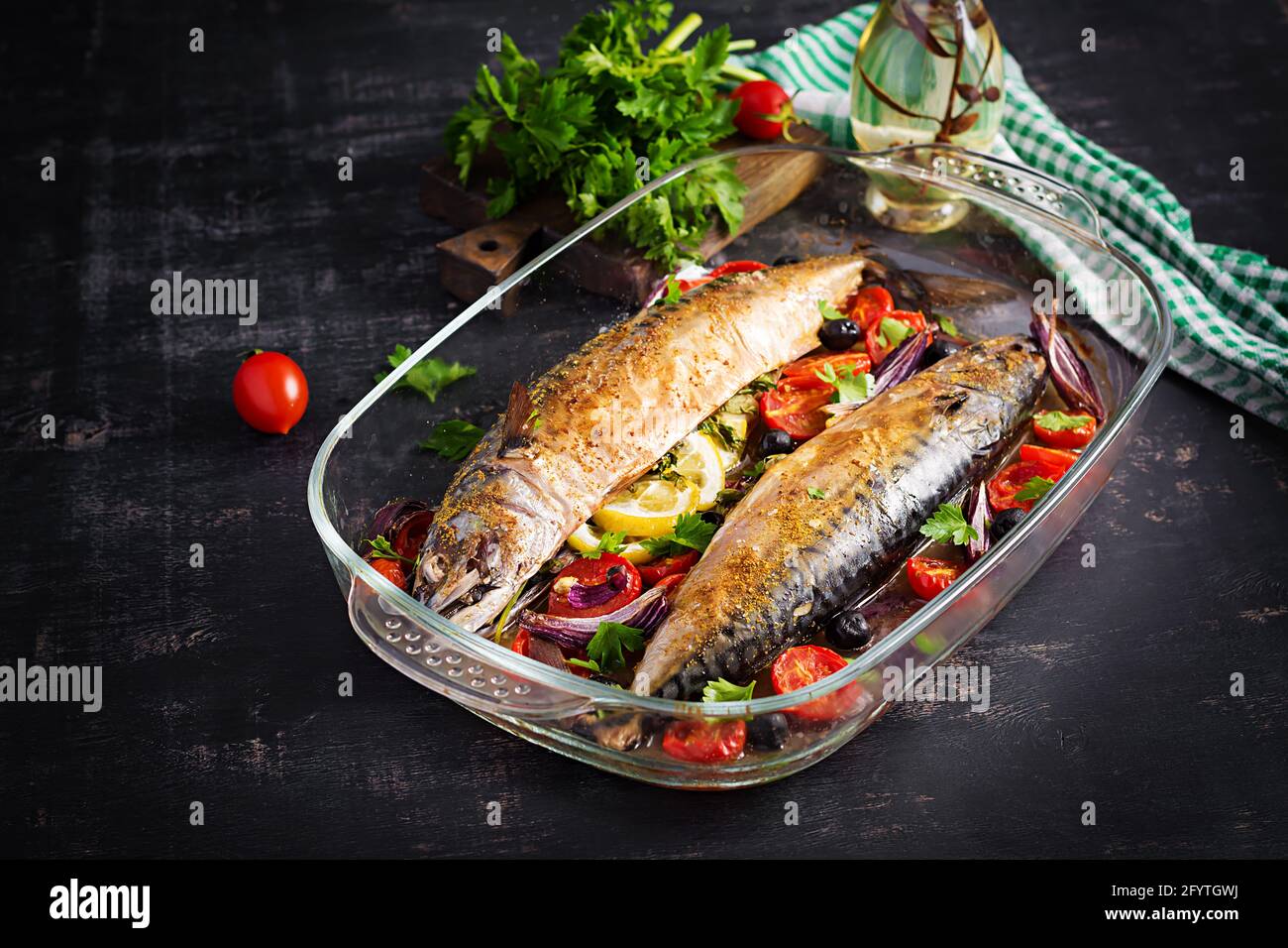 Baked mackerel with herbs and lemon and vegetables. Healthy dinner ...