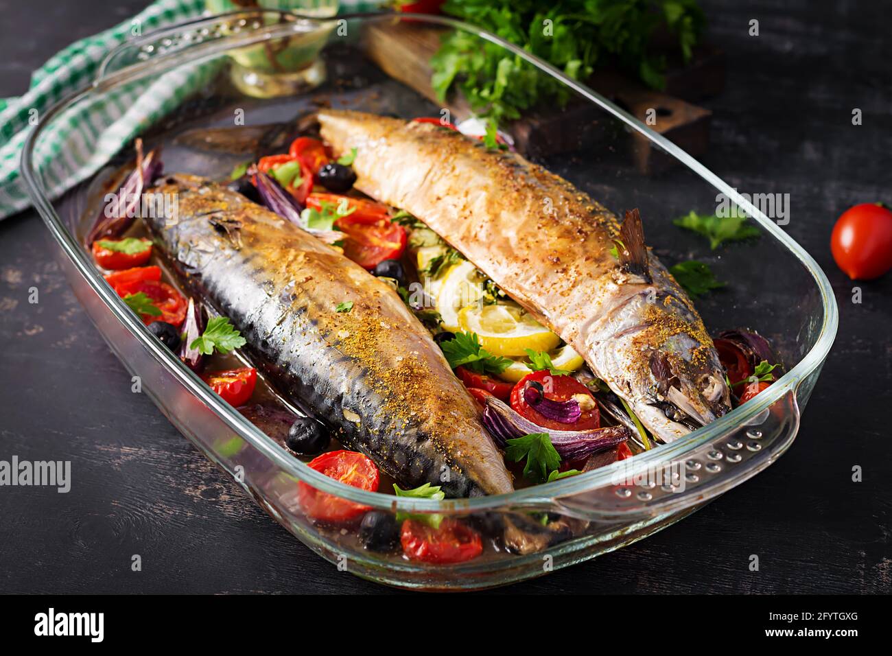 Baked mackerel with herbs and lemon and vegetables. Healthy dinner ...