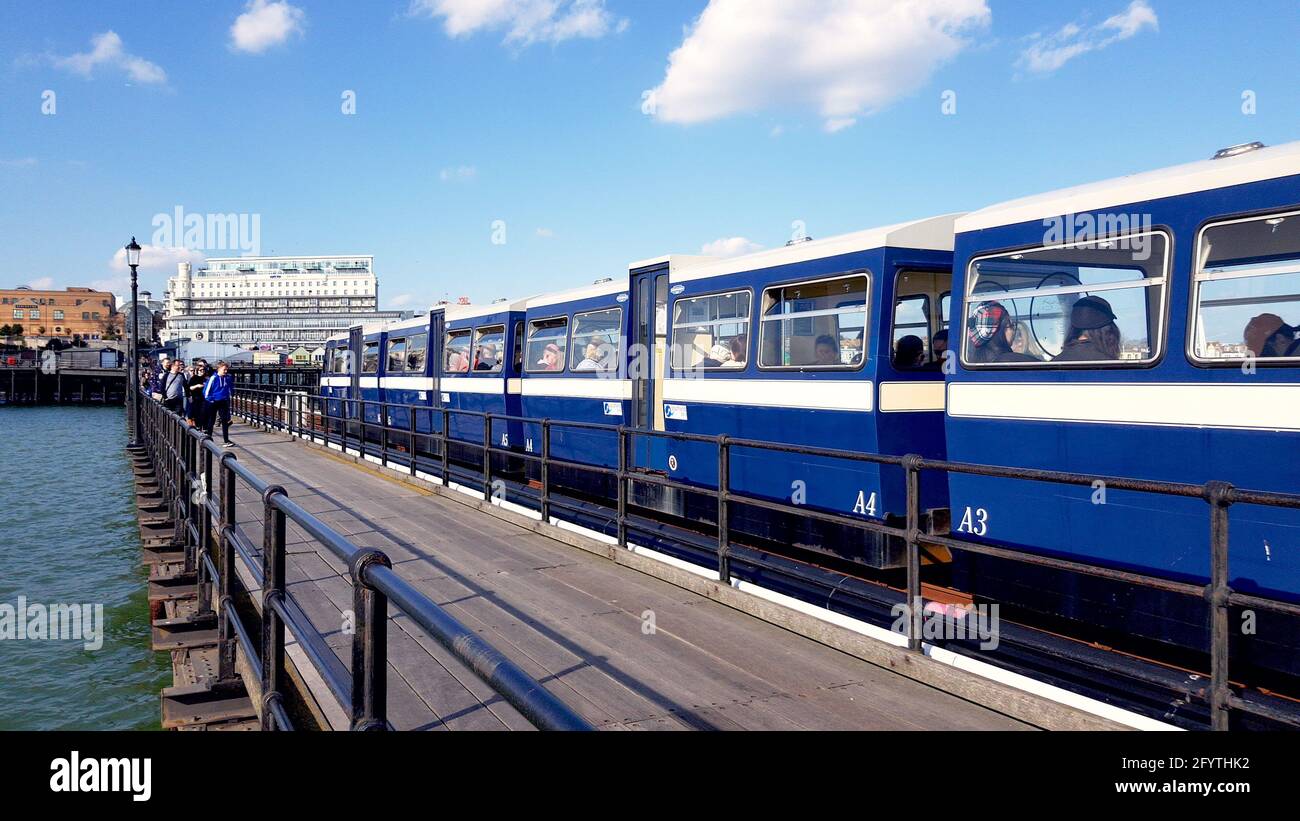 Electric driven train on the longest pleasure pier in the world at ...