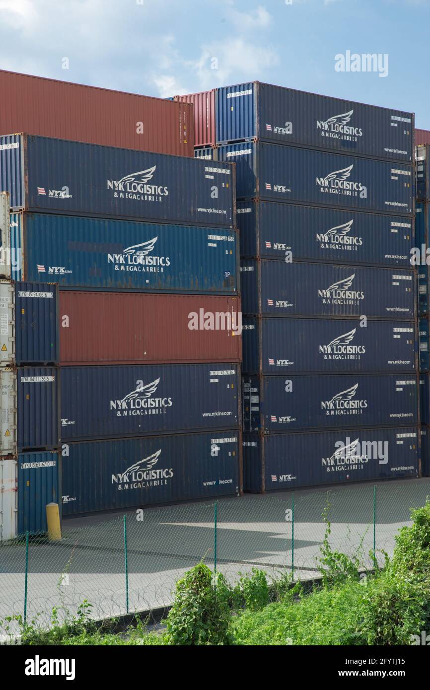 Intermodal cargo containers depot Stock Photo - Alamy