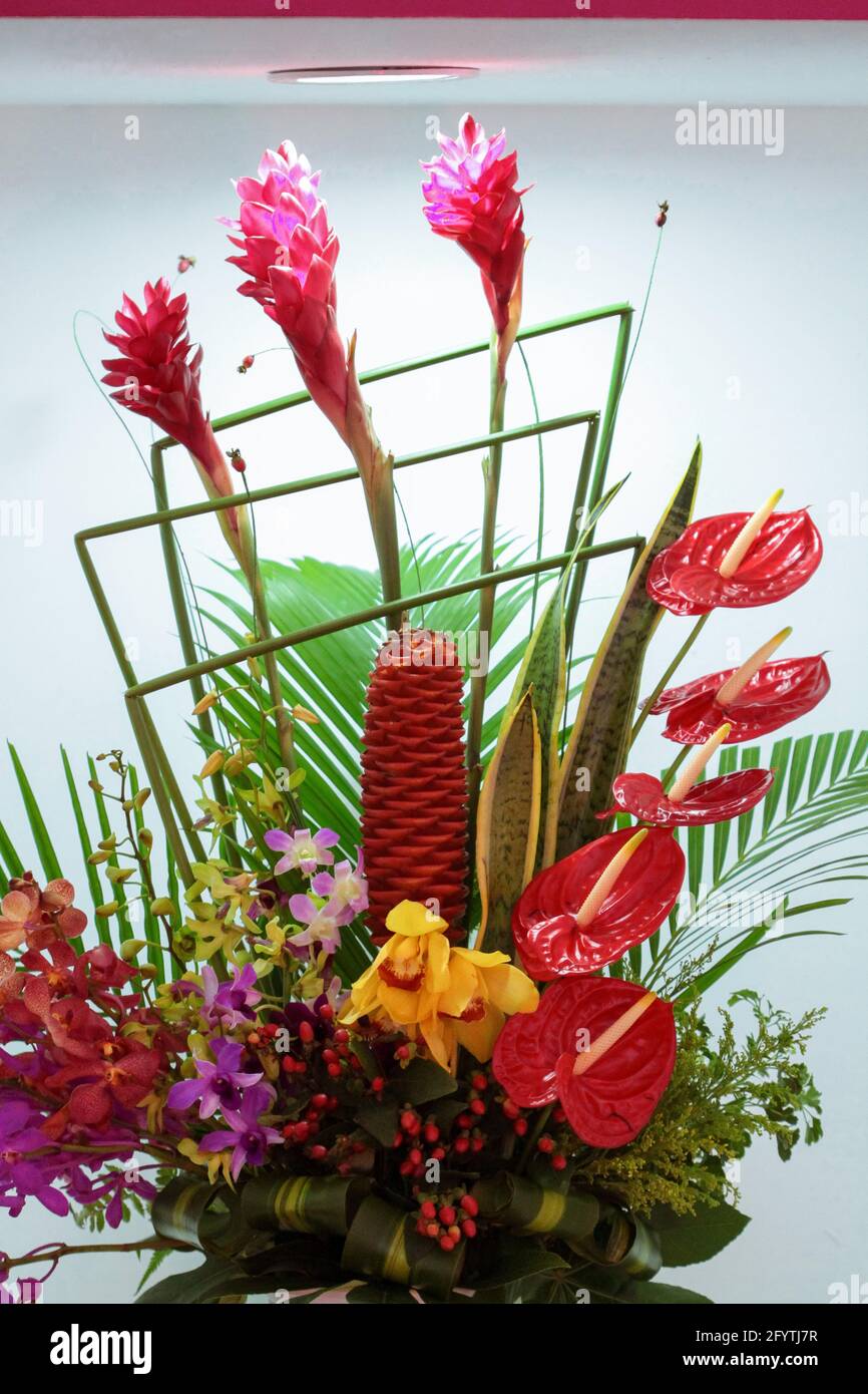 Artistic gardening arrangements with red ginger flowers at the FLORIA ...