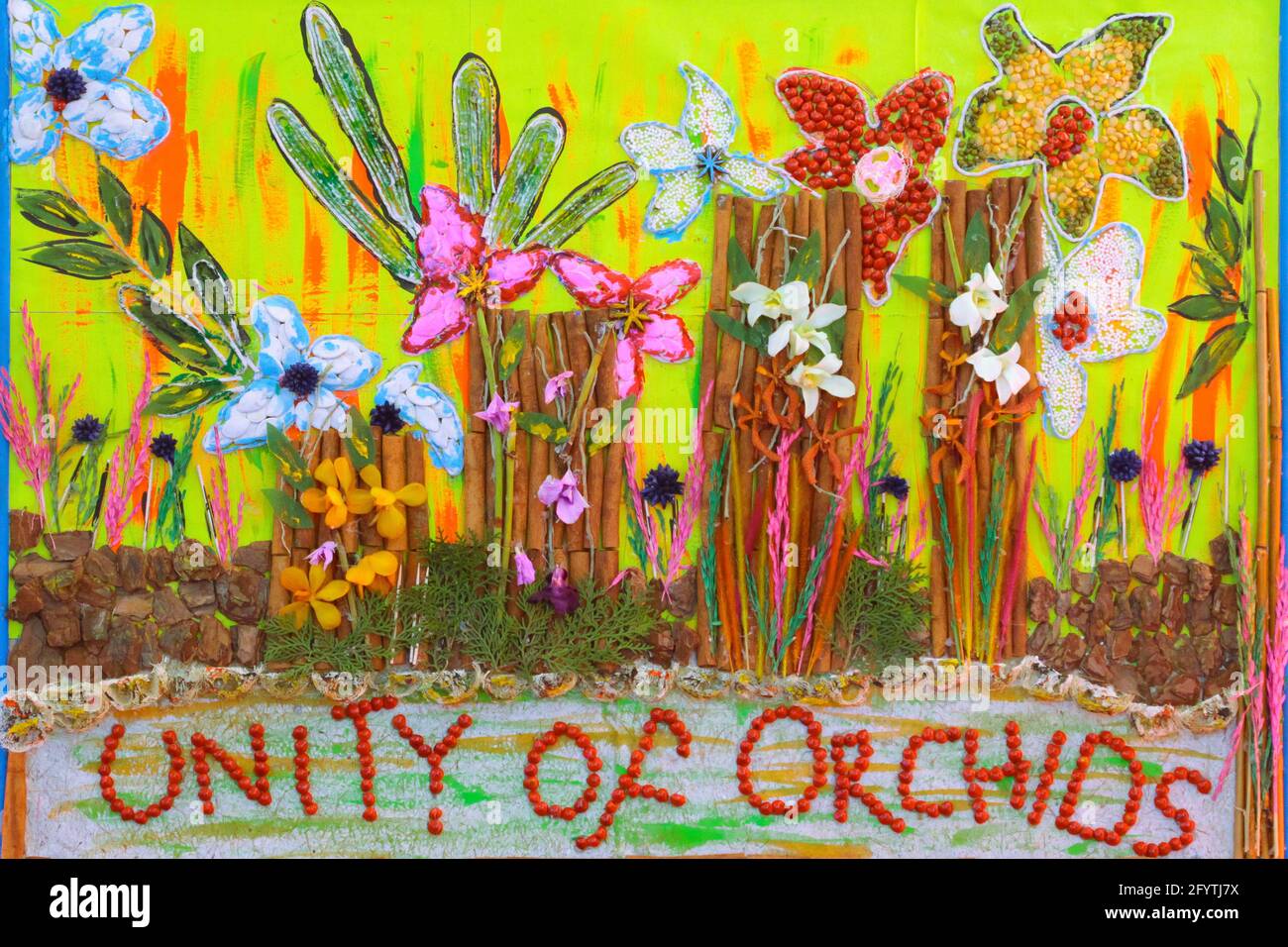 2D picture made from colored grains and beans at the FLORIA 2013 event ...