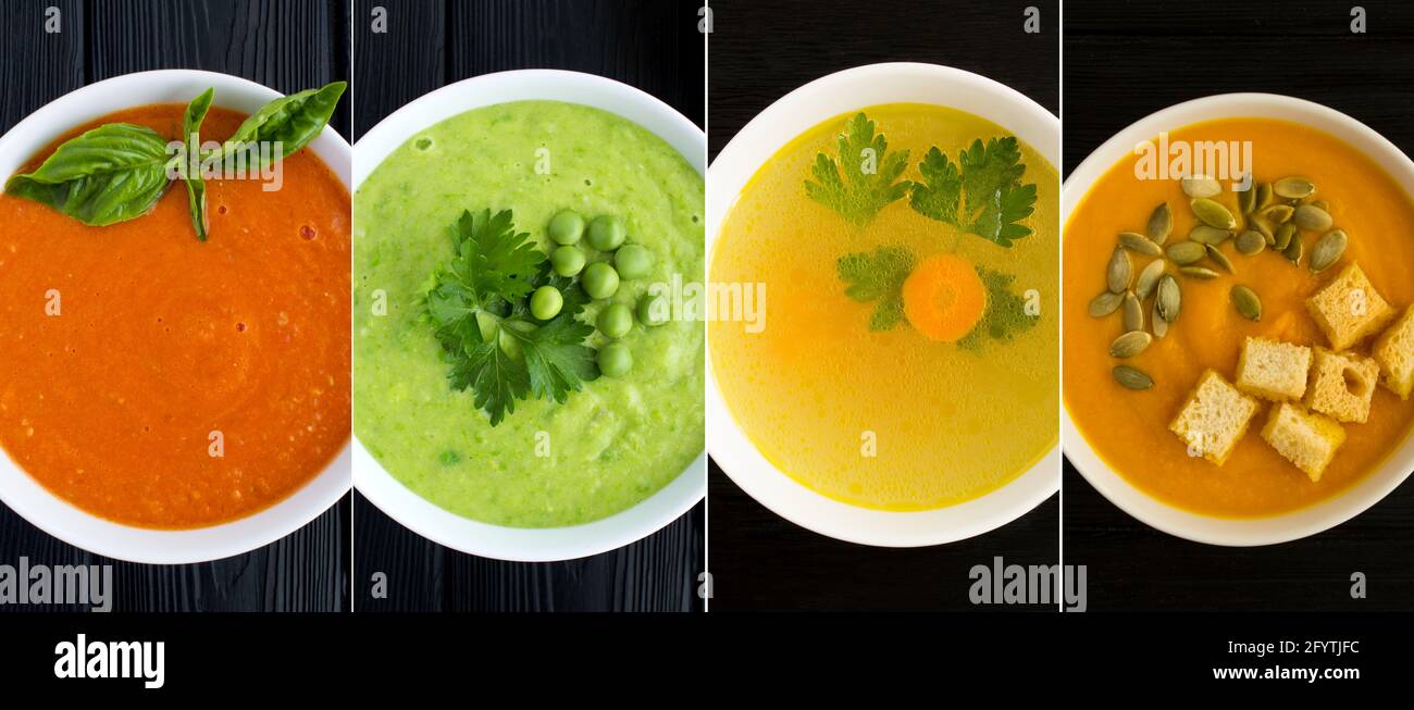 Food collage of various types of soup on the black background. Top view ...