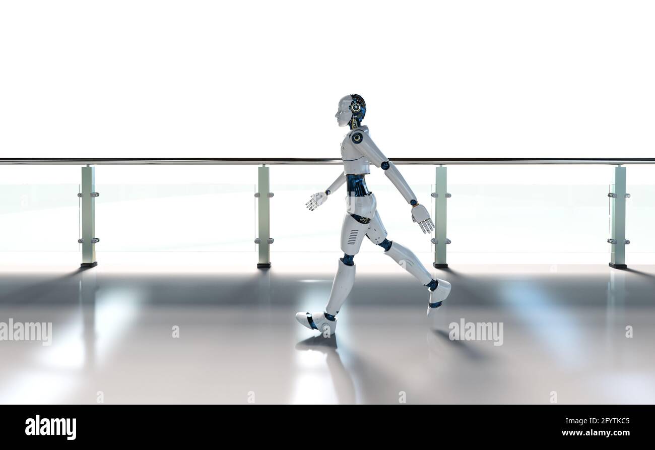 3d rendering artificial intelligence robot or cyborg walking on walkway ...