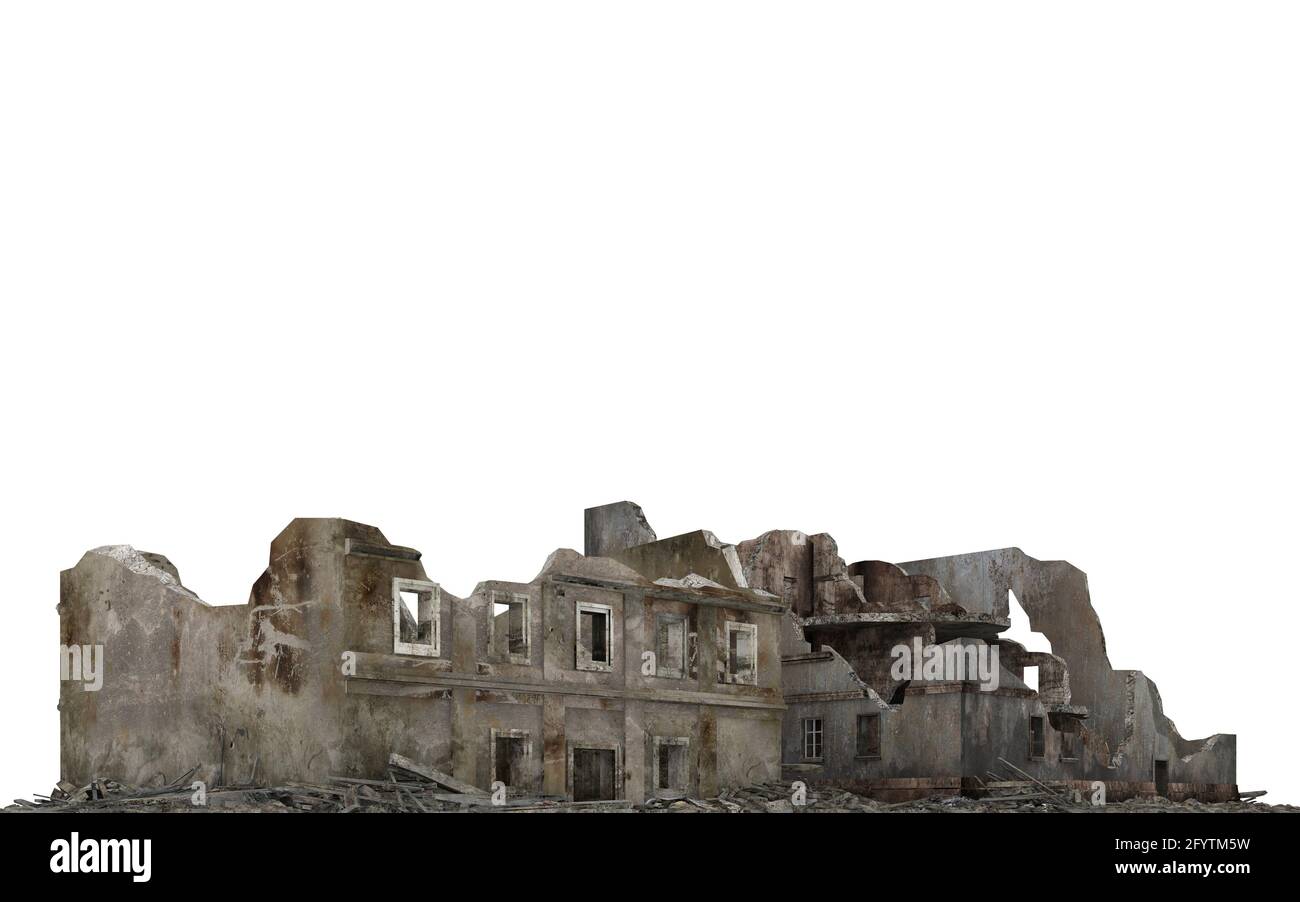 3D illustration ruined city building isolated on white Stock Photo - Alamy