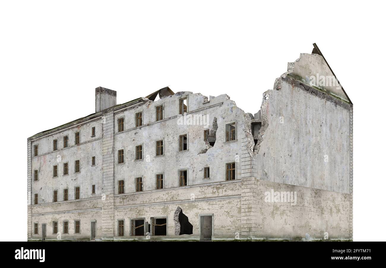 3D illustration ruined city building isolated on white Stock Photo - Alamy