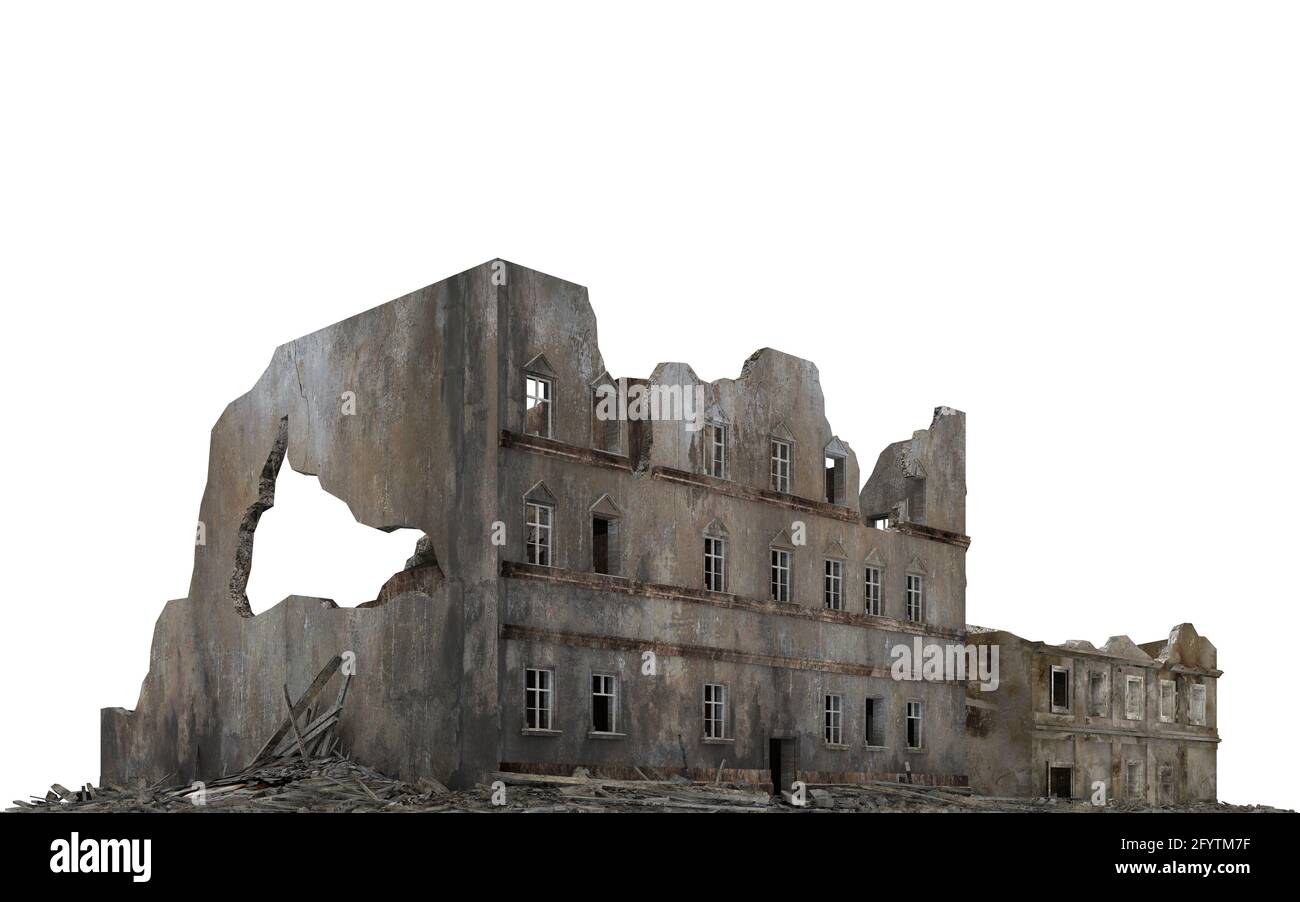 3D illustration ruined city building isolated on white Stock Photo - Alamy