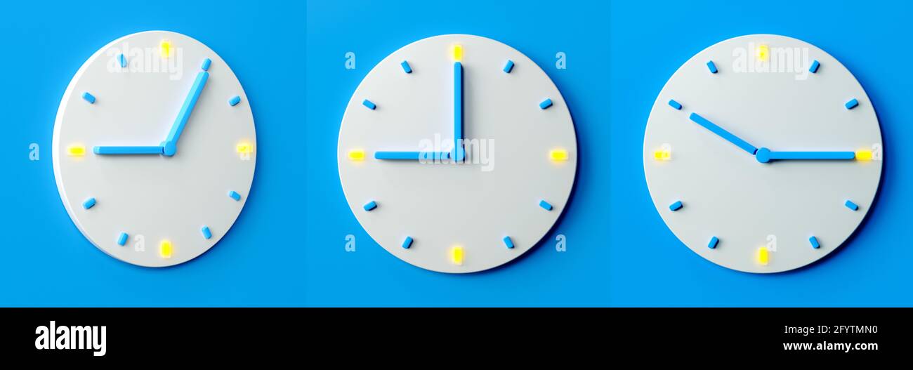 Three blue clocks showing different time on a blue background Stock ...