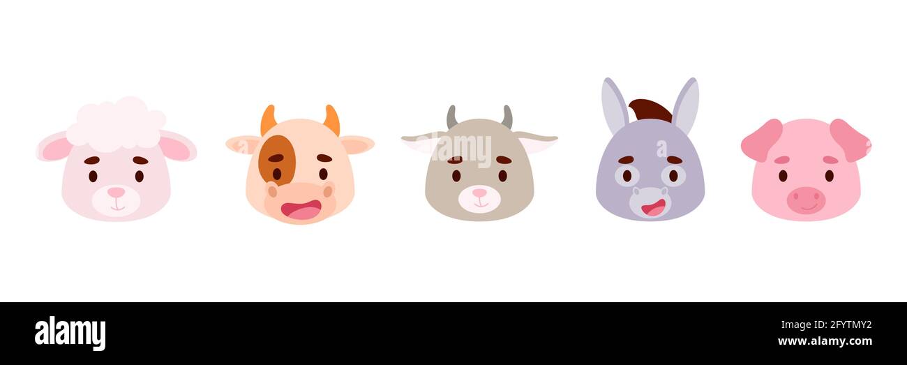 Cute little farm animals heads set. Collection funny animals characters ...