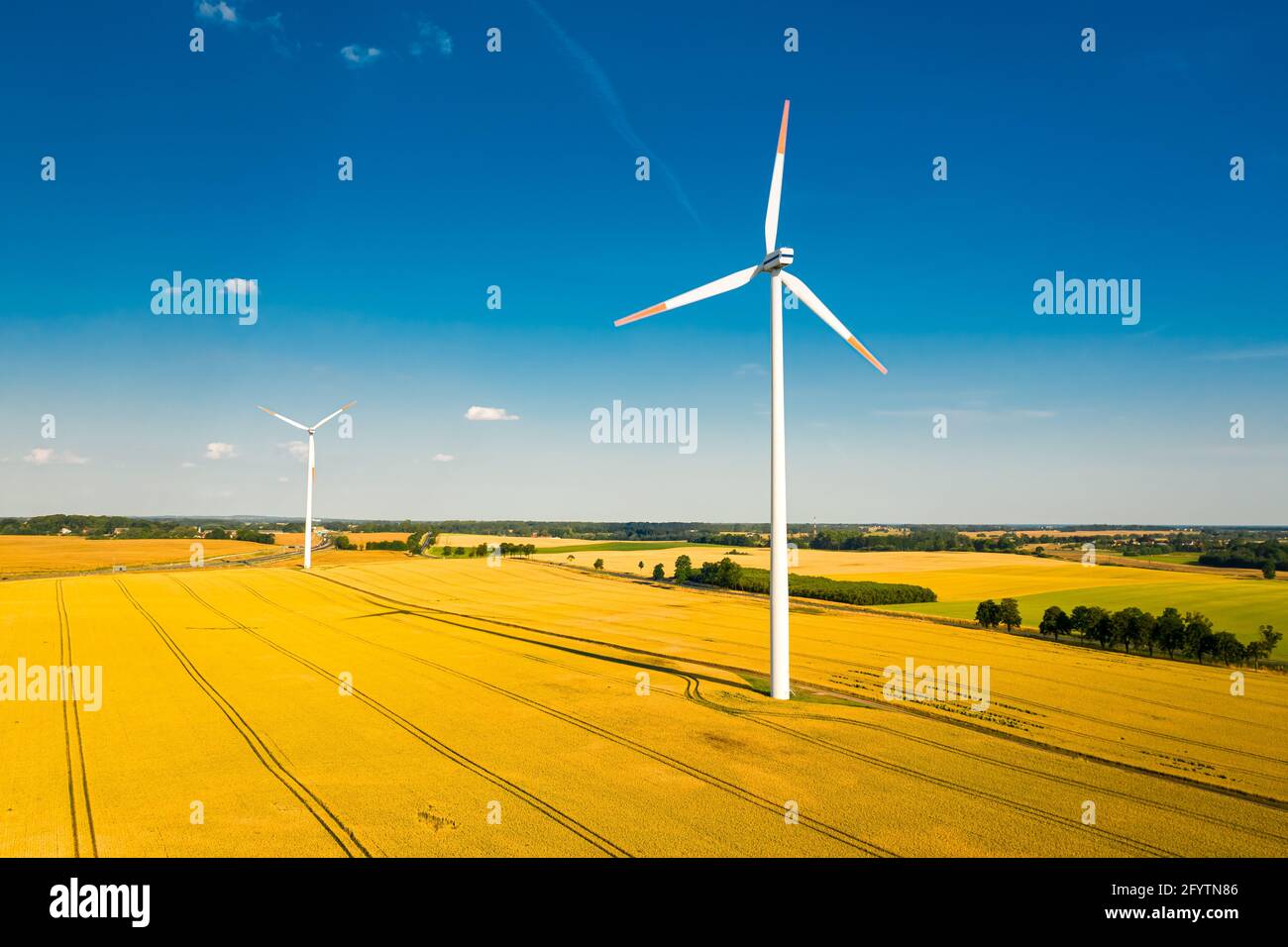 Golden field and wind turbines. Alternative energy in Poland. Energy ...