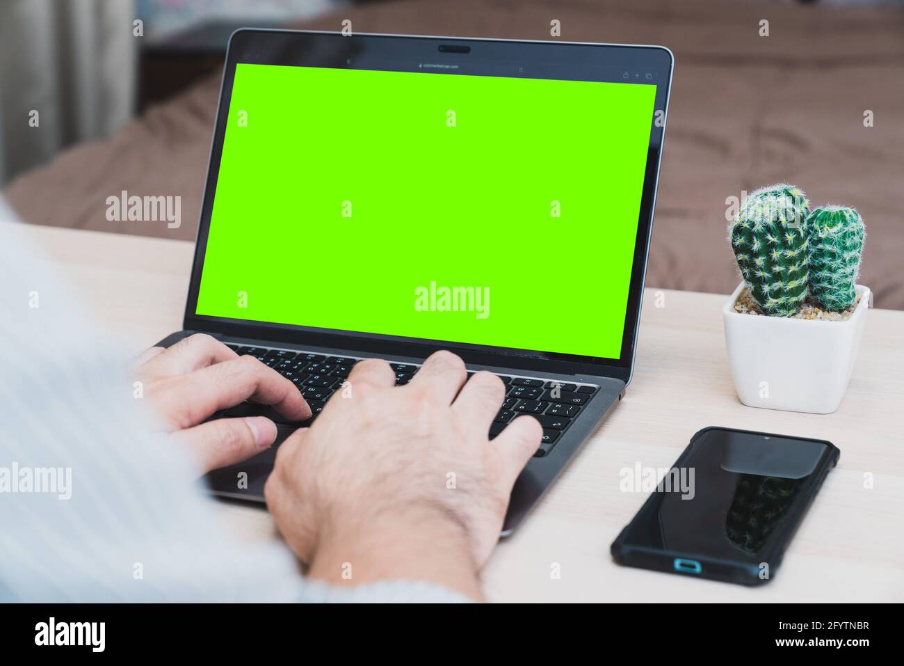 Young businessman working on laptop in home, rear view green screen of ...