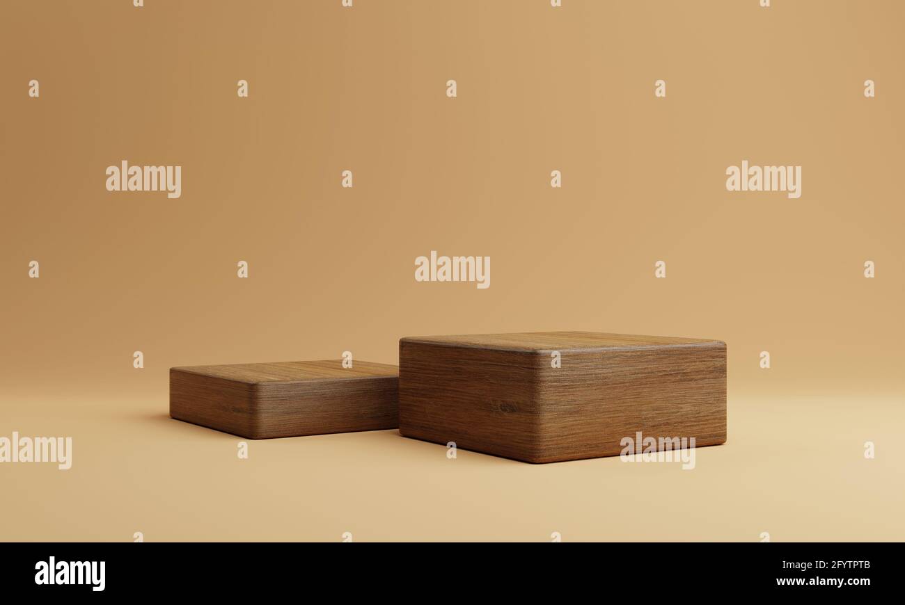 Two brown wooden rectangle cube product stage podium on orange ...
