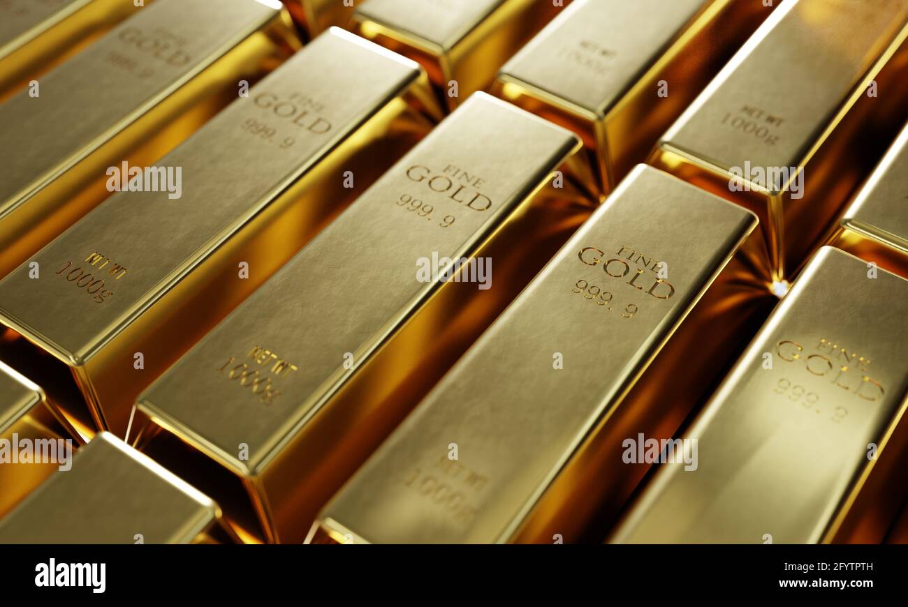Shiny pure gold bars in a row background. Wealth and economic concept. Business gold future ...