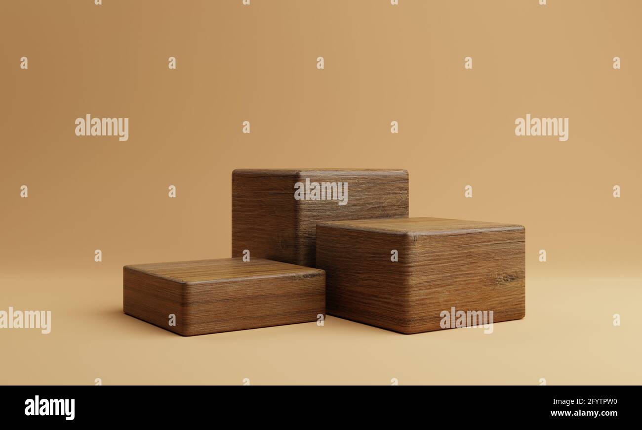 Three brown wooden rectangle cube product stage podium on orange ...