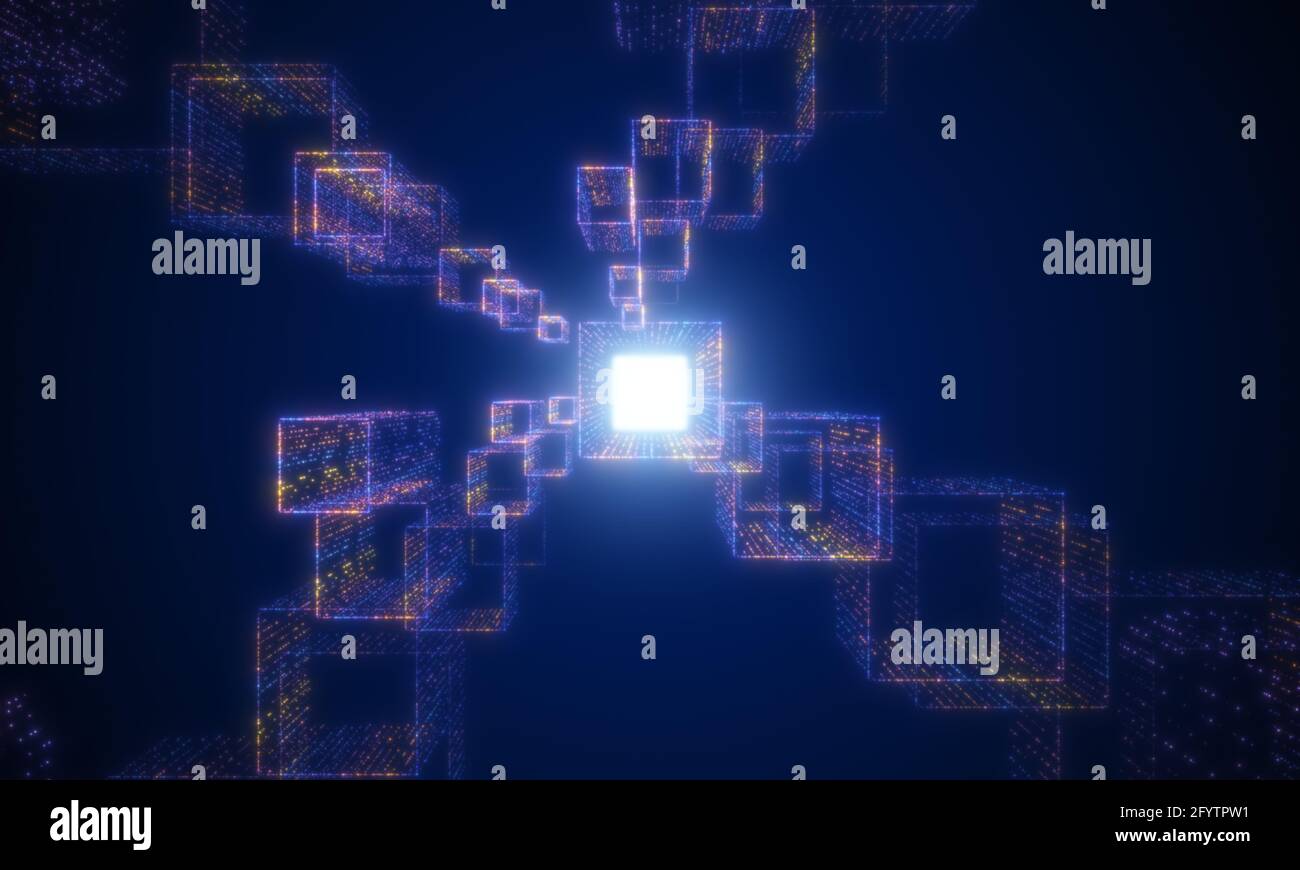 Digital glowing particles tunnel network abstract background. Futuristics technology and ...