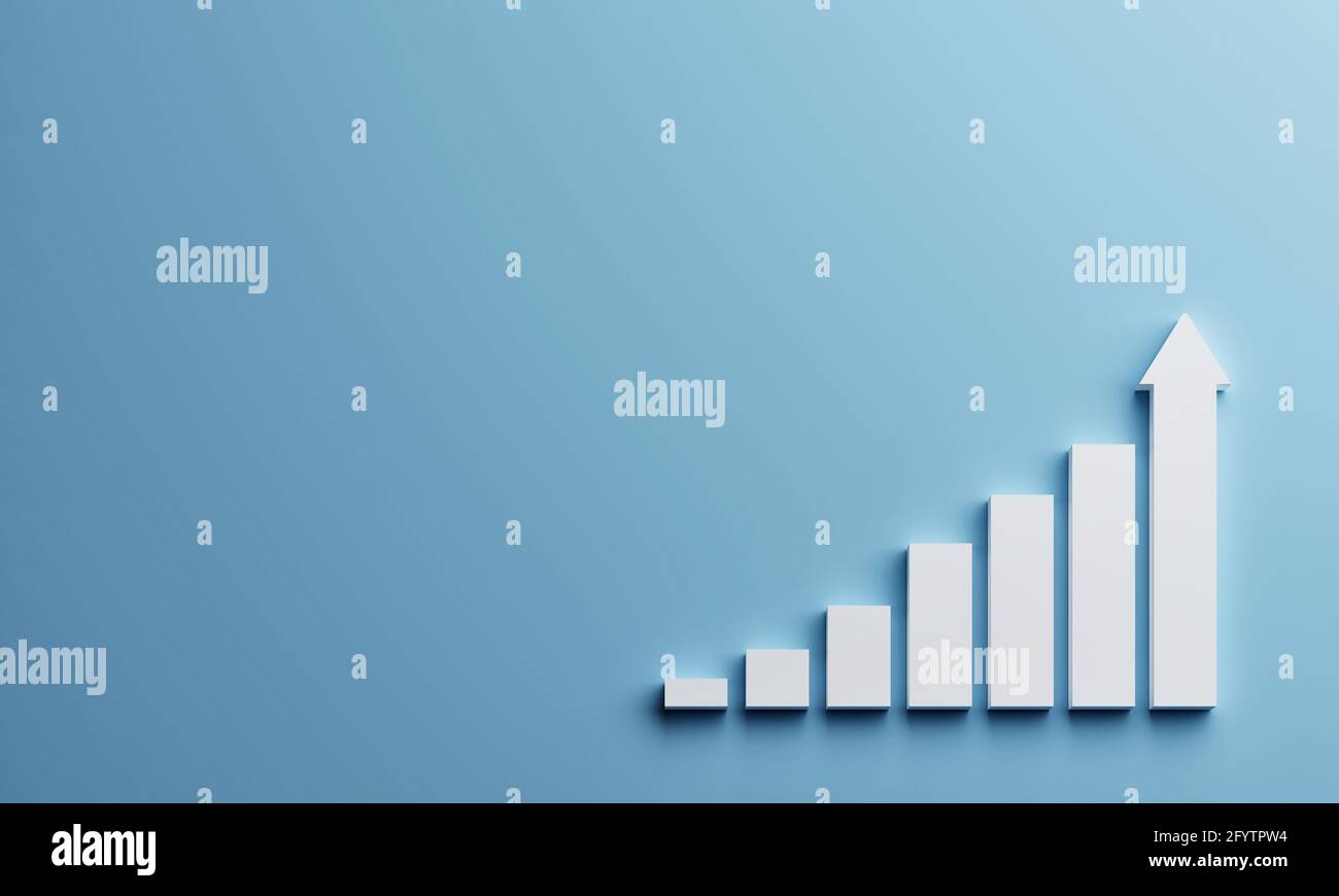 White rising bar chart on blue background with copy space. Business ...