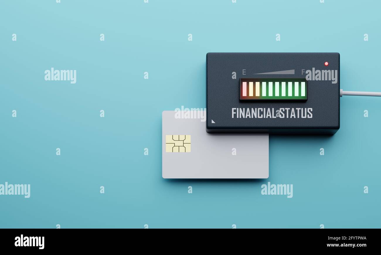 Credit card financial status balance checking device on blue background ...