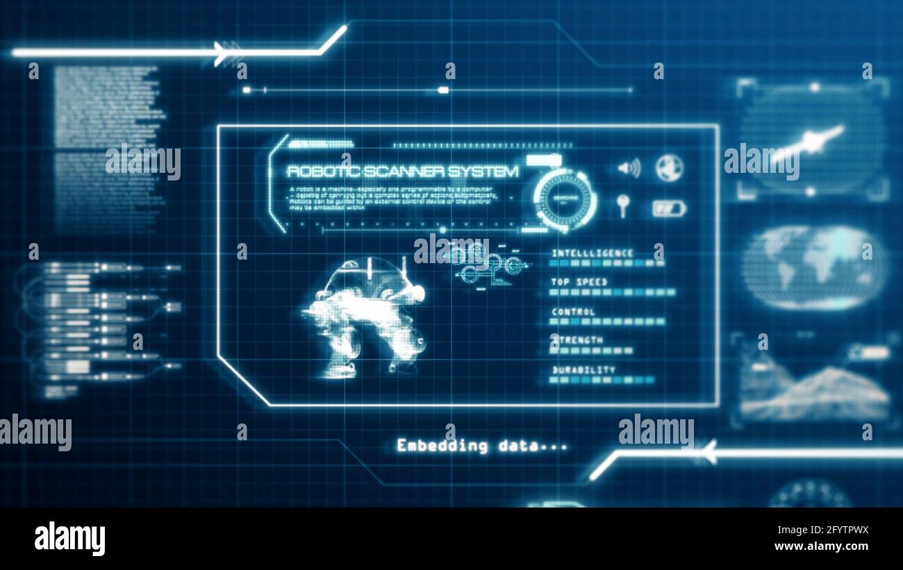 HUD Robot Scanning System ability user interface computer screen display with pixels background ...