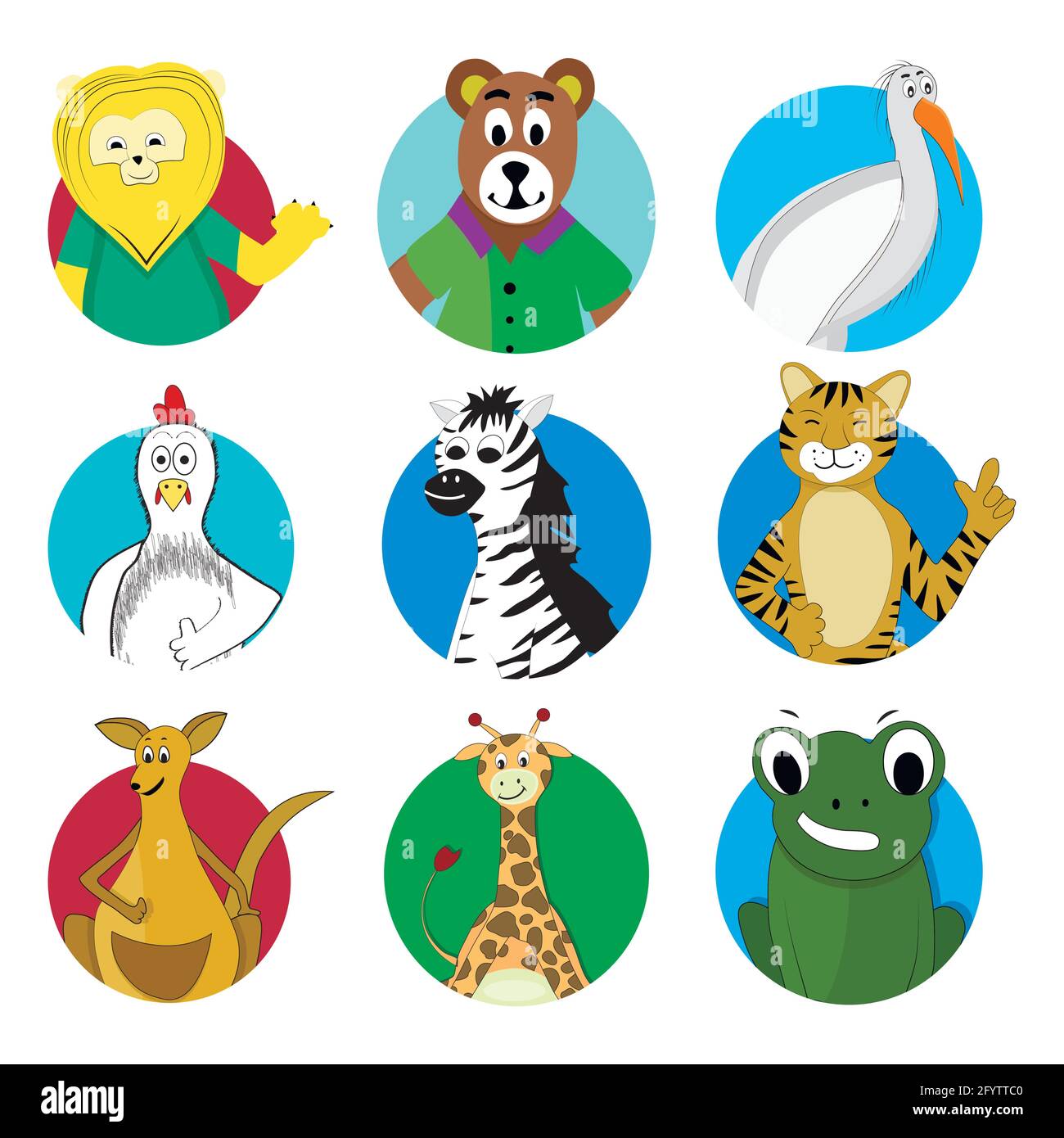 Cartoon avatar animal kangaroo lion and giraffe mascot, creature happy ...