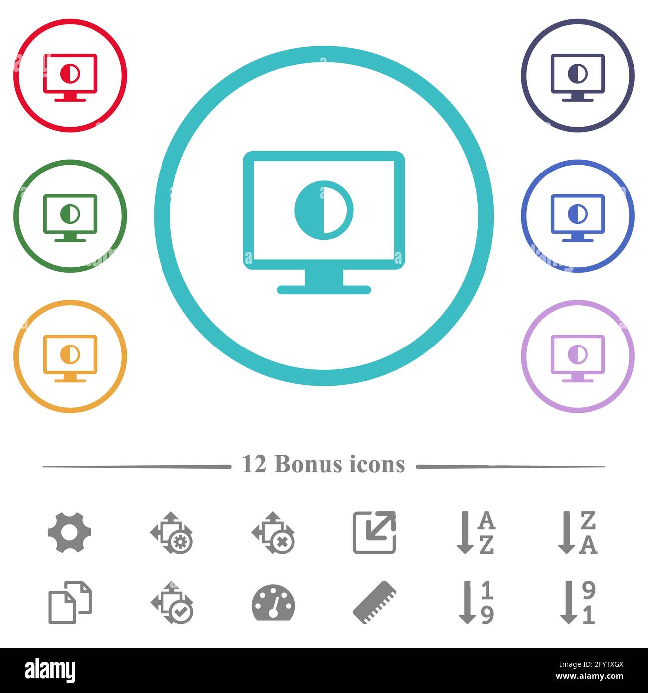 Adjust screen contrast flat color icons in circle shape outlines. 12 ...
