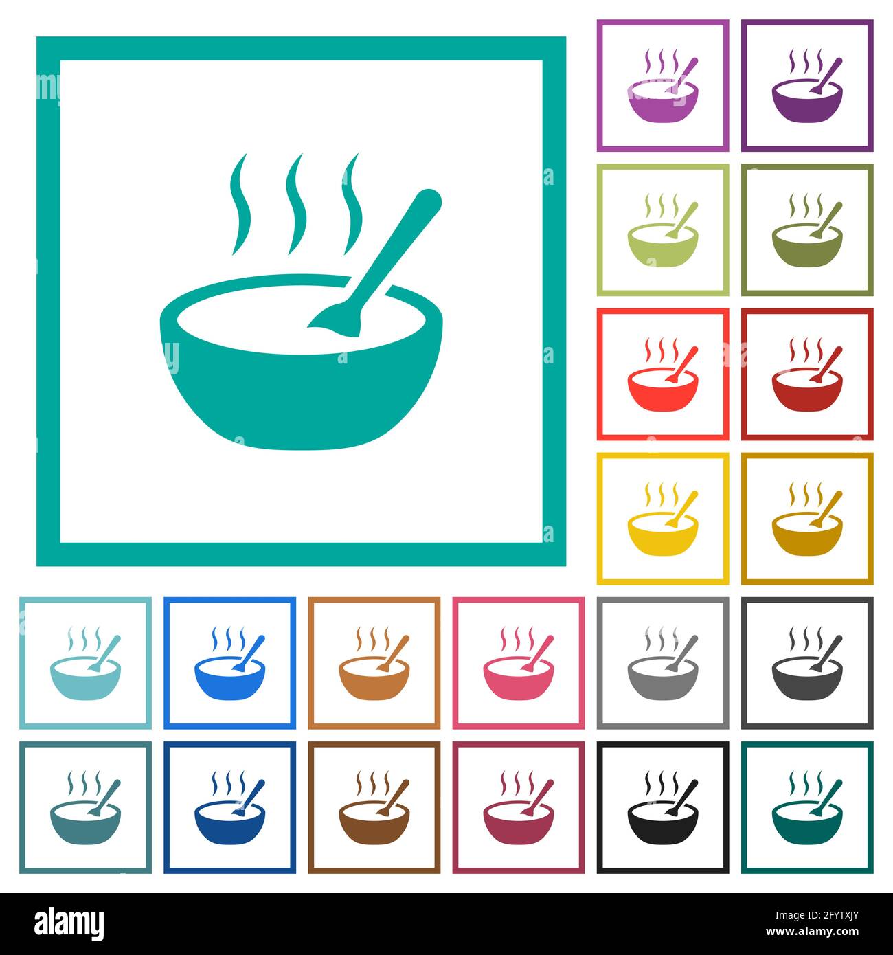 Steaming bowl of soup with spoon flat color icons with quadrant frames ...