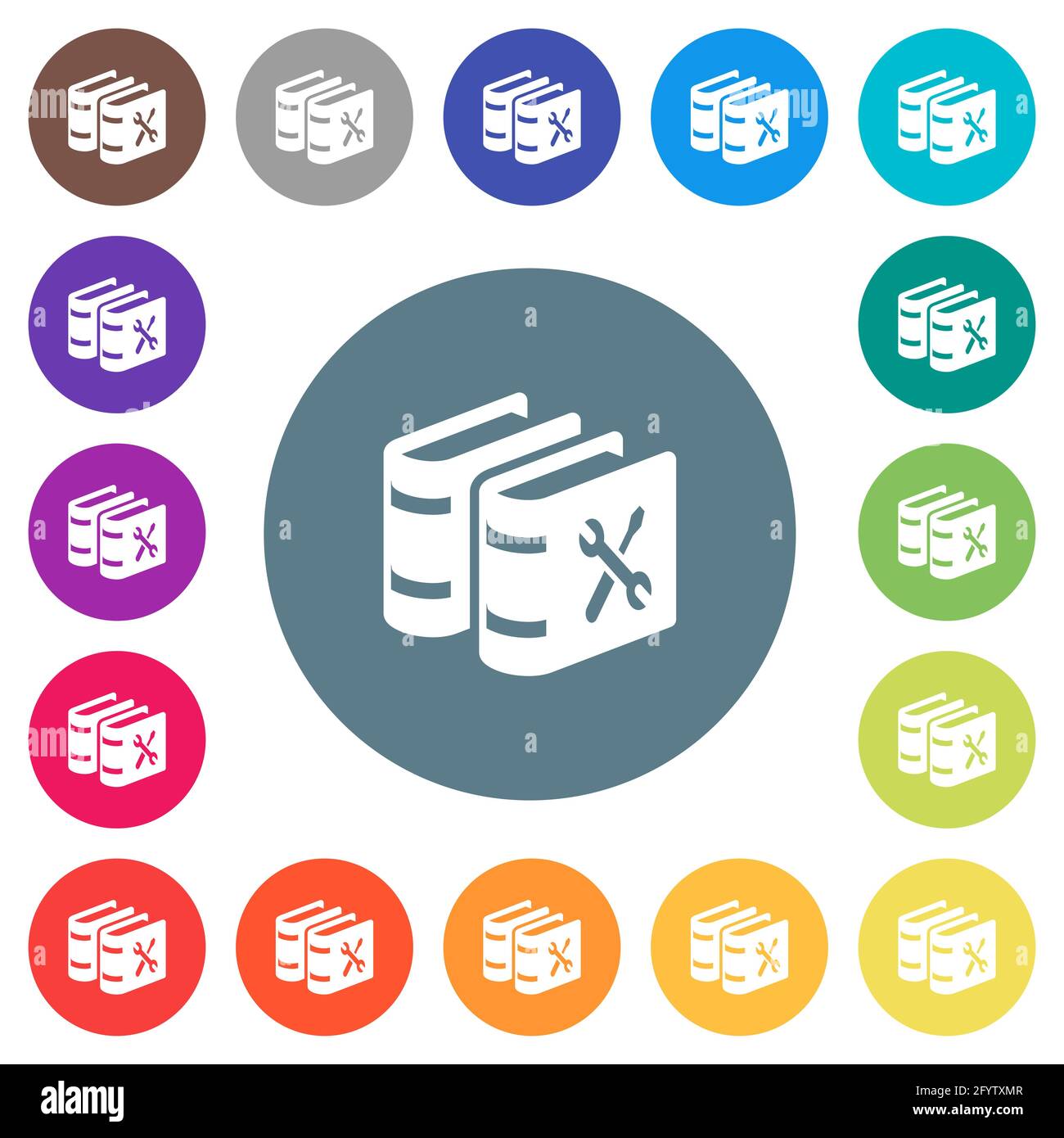 User guide with wrench and screwdriver flat white icons on round color ...