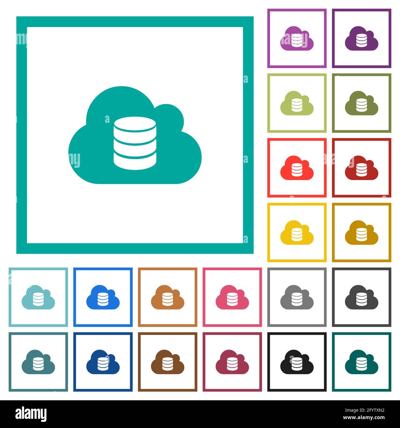 Cloud database flat color icons with quadrant frames on white ...