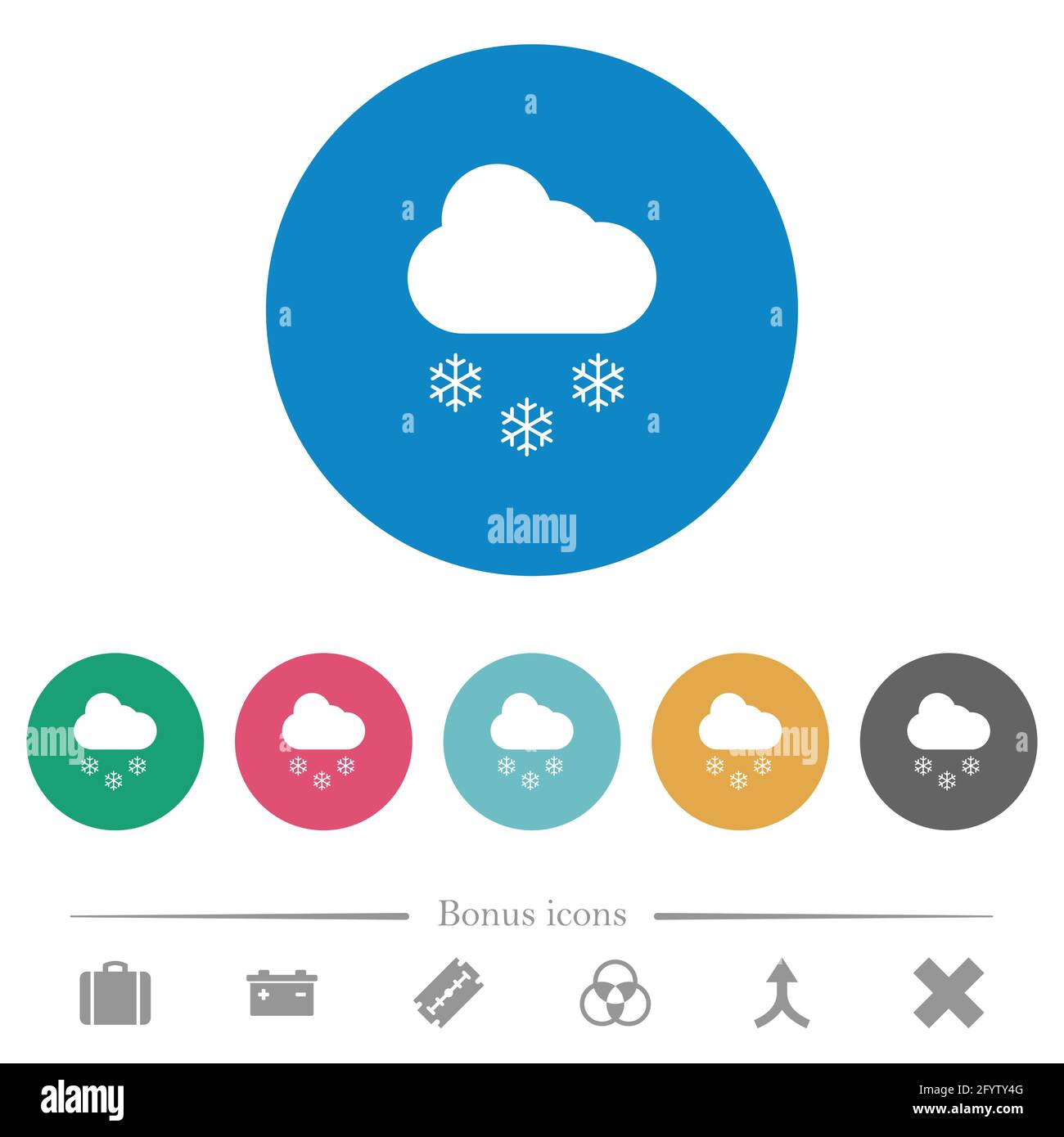 Snowy weather flat white icons on round color backgrounds. 6 bonus ...