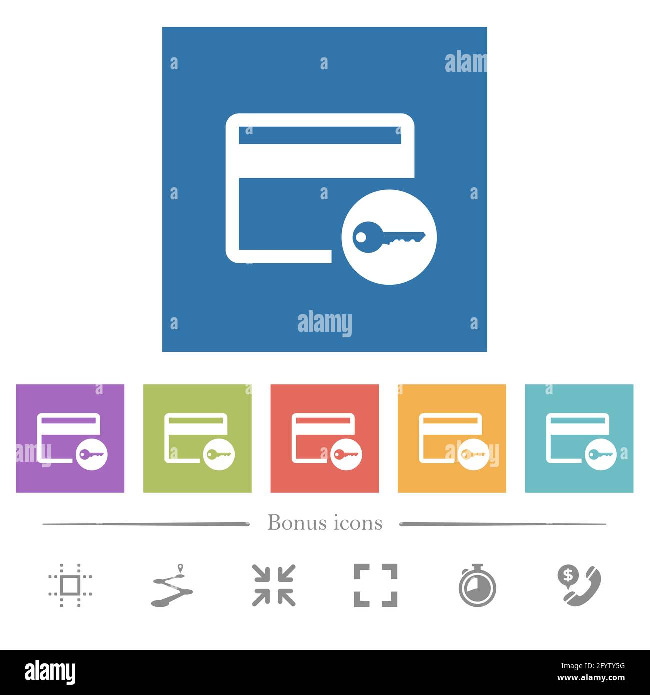 Credit card access flat white icons in square backgrounds. 6 bonus ...