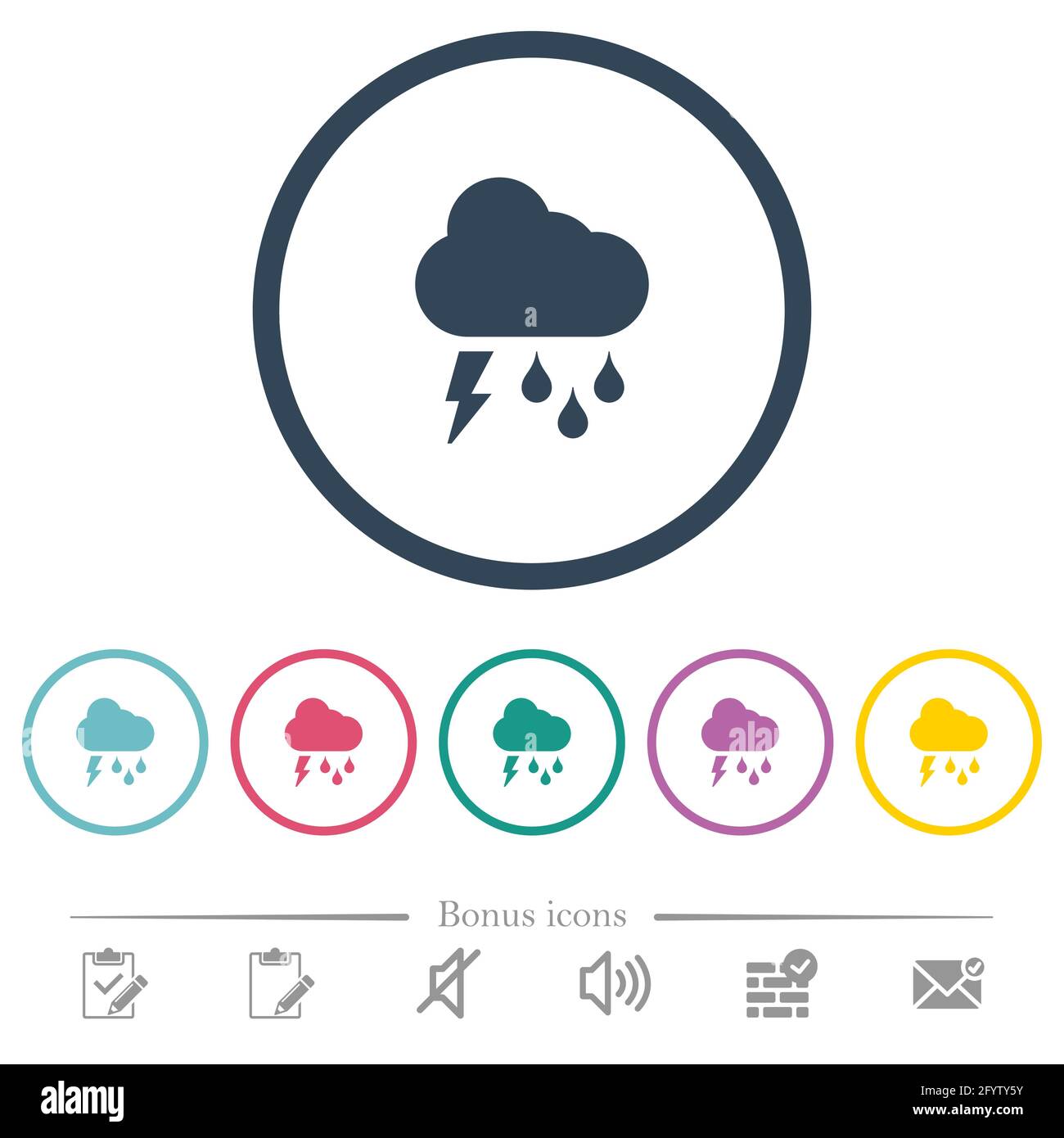 Stormy weather flat color icons in round outlines. 6 bonus icons ...