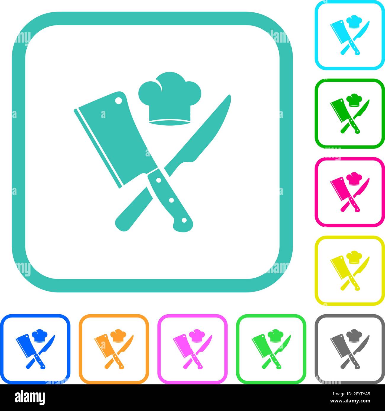 Crossed meat cleaver and knife with chef hat vivid colored flat icons ...