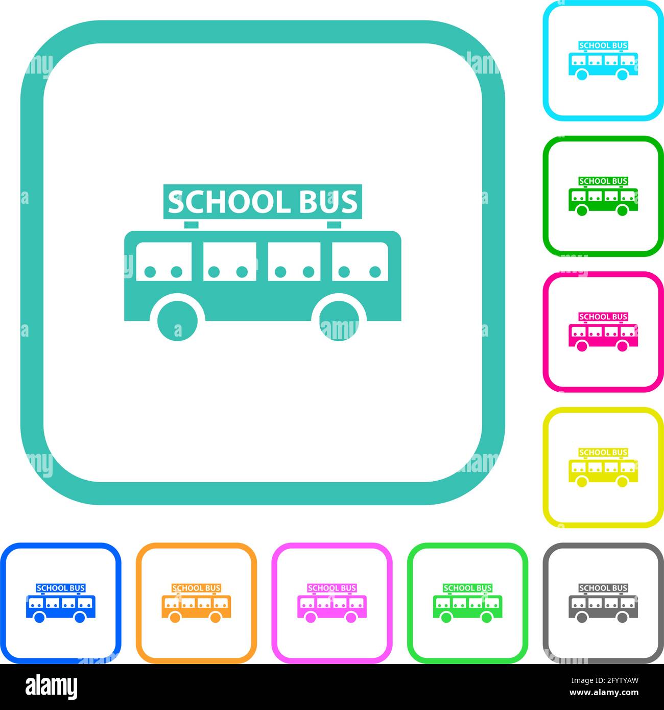 school bus with passengers side view vivid colored flat icons in curved ...