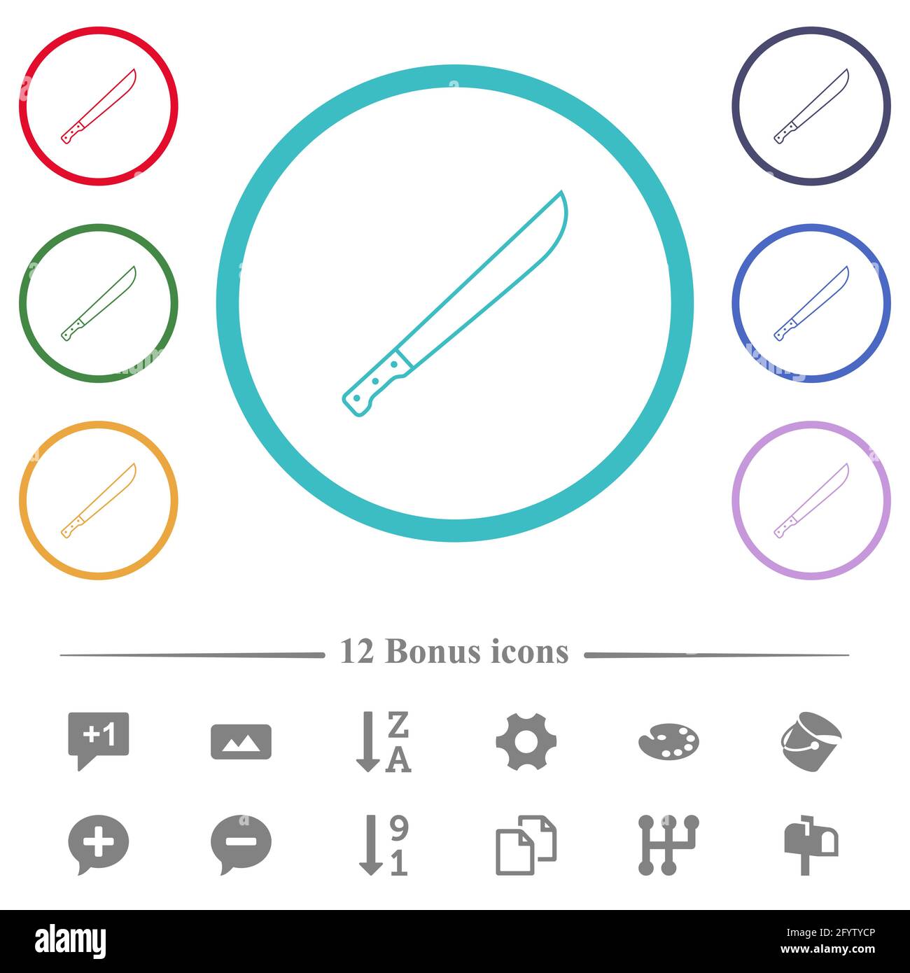Machete flat color icons in circle shape outlines. 12 bonus icons ...