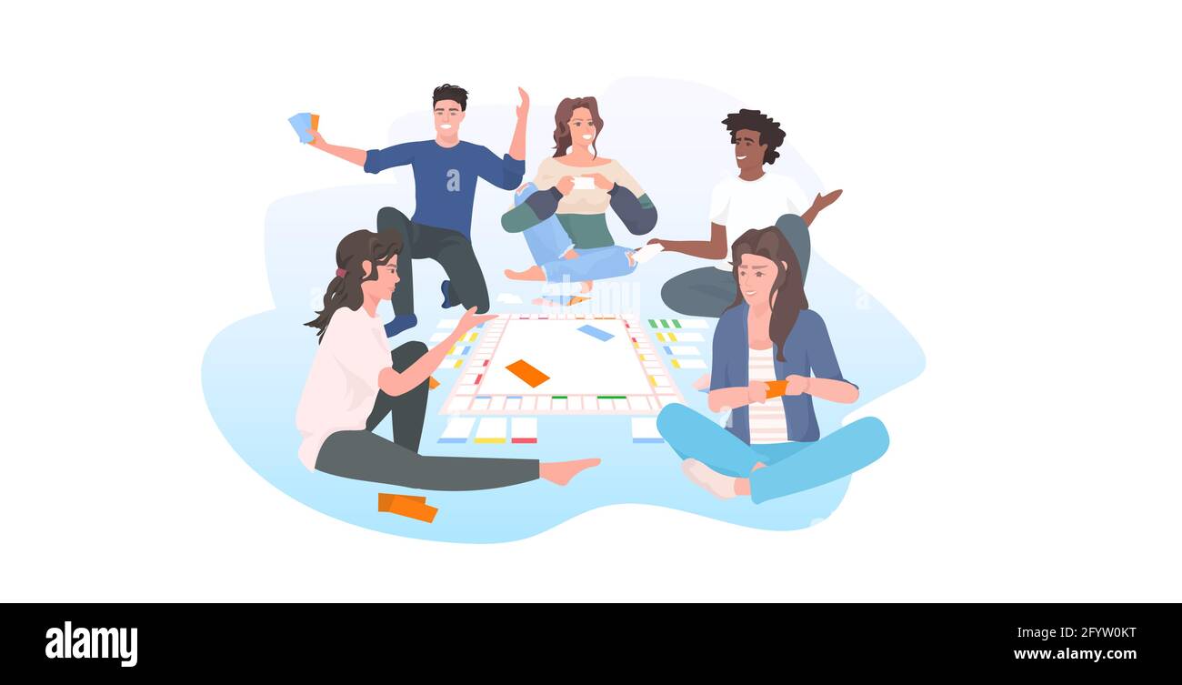 people playing monopoly board game at home mix race friends having fun ...