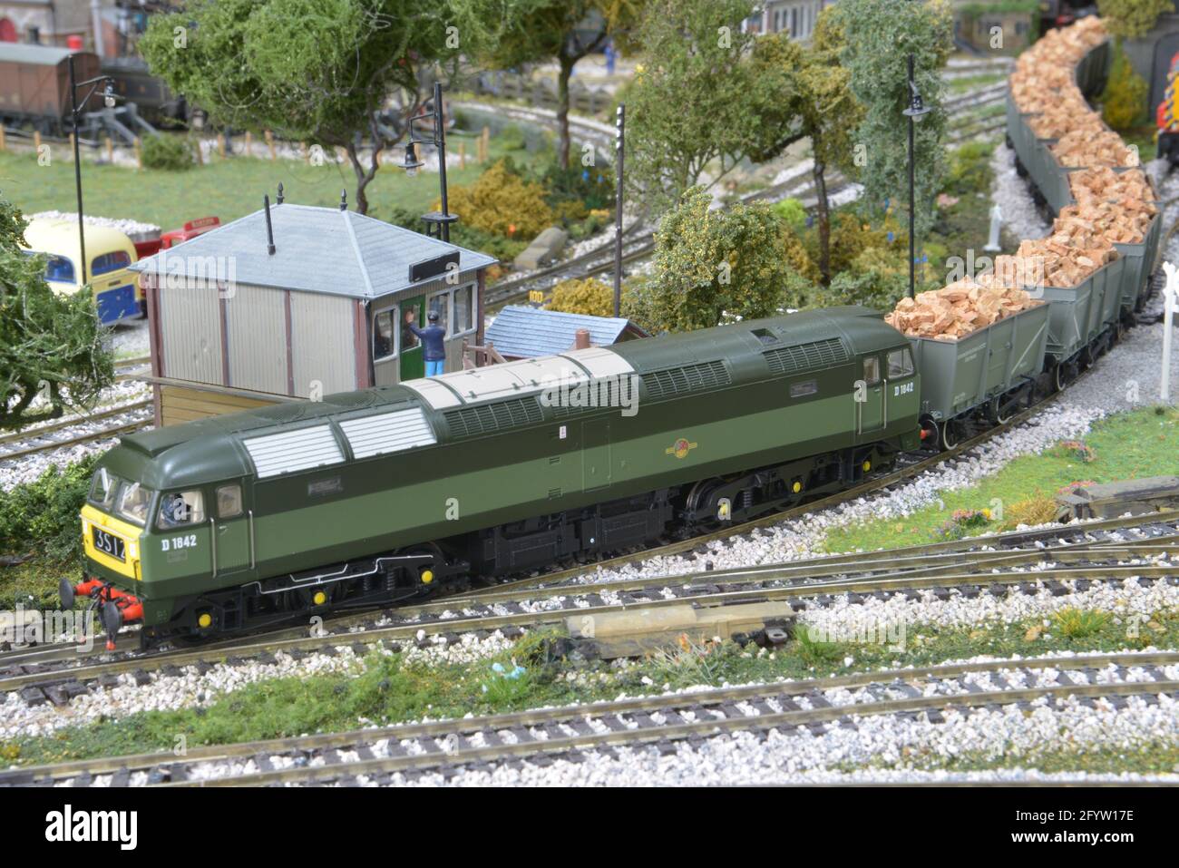 A class 47 Diesel pulling freight wagons on a model railway Stock Photo ...