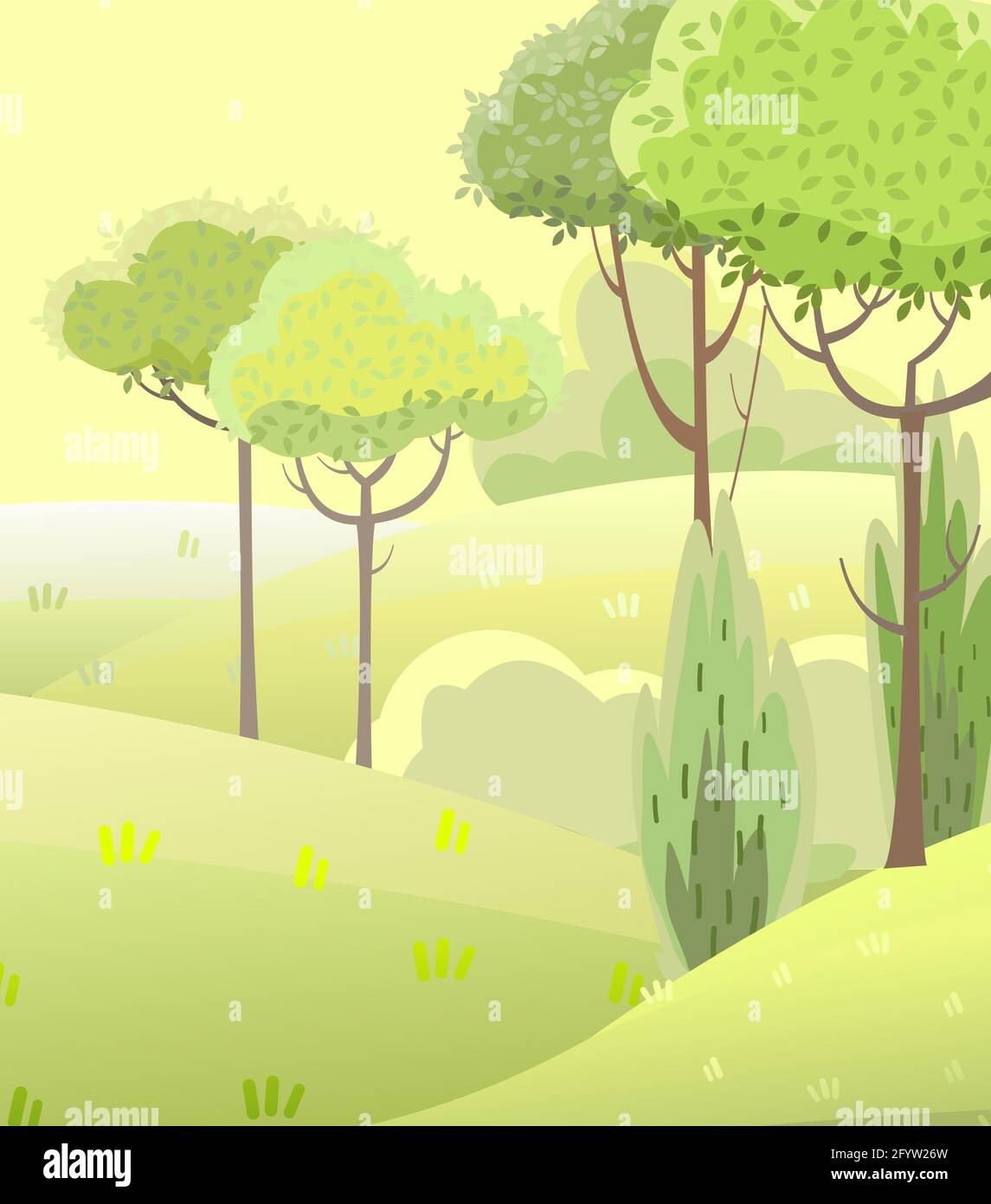 Rural beautiful landscape. Cartoon style. Hills with grass and forest ...