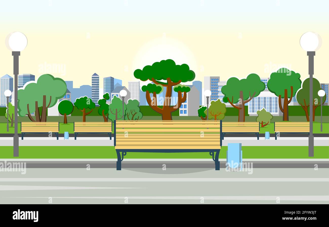 Bench. City park area. Trees, shrubs and lanterns. Beautiful summer ...