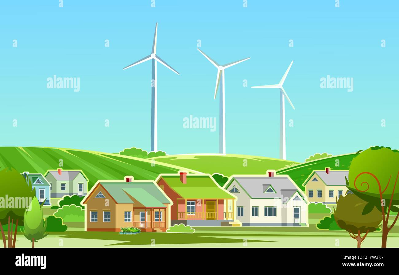 Wind power generator. Suburb of the village. Cartoon flat style. An ...