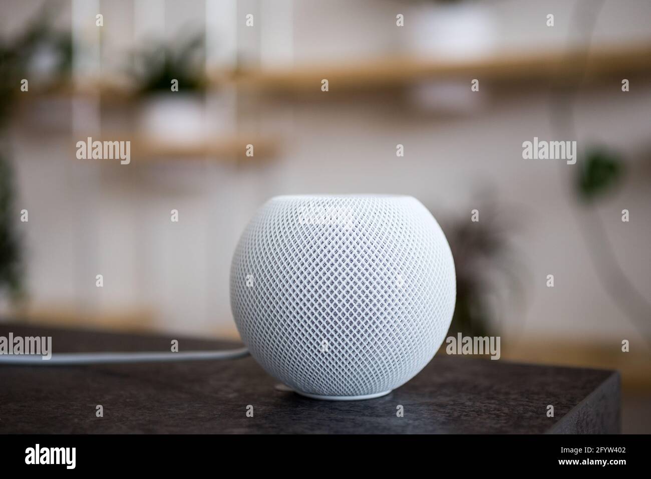 Smart speaker on table desk, voice controlled, device, smart home ...