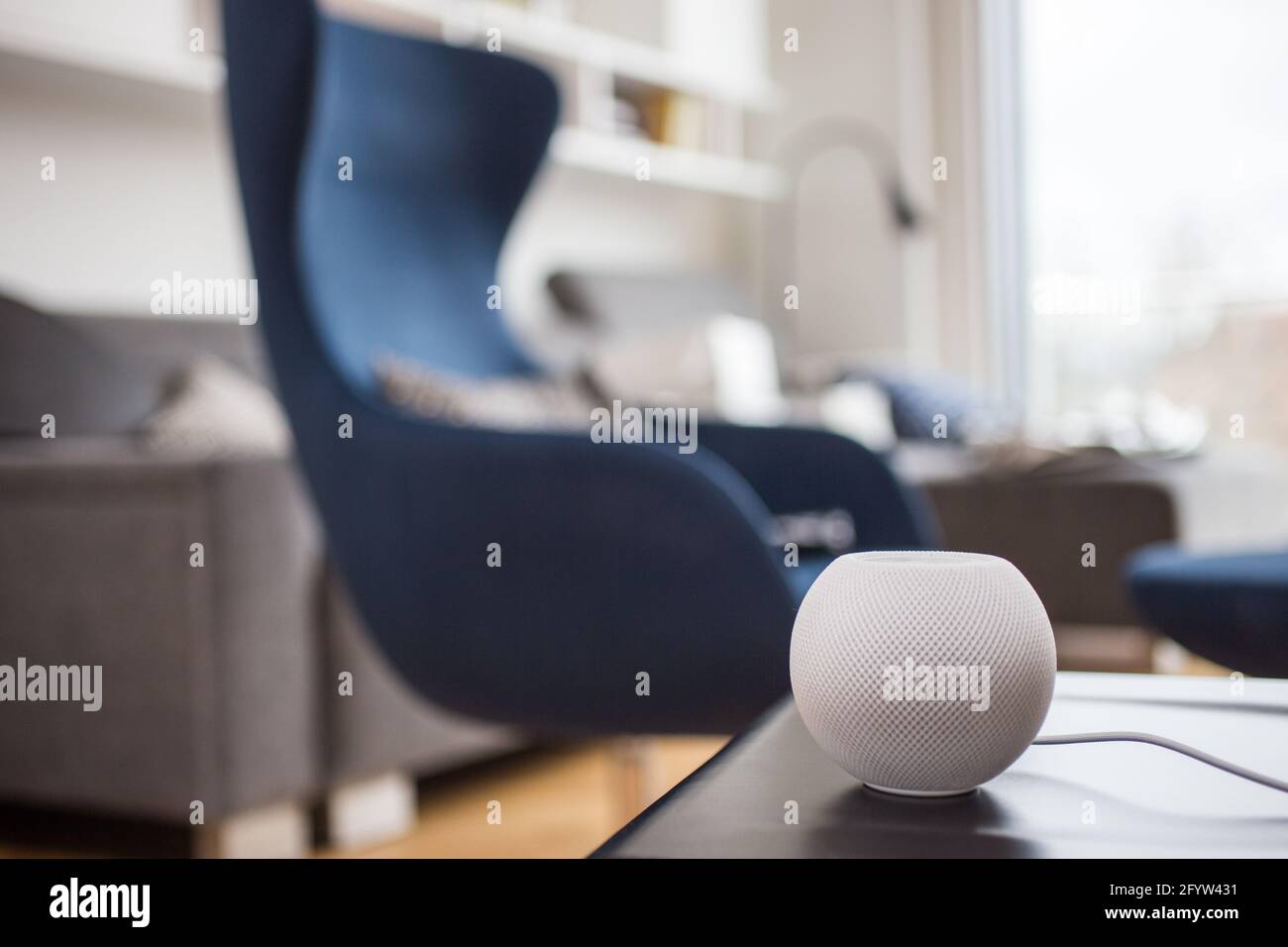 Smart speaker on table desk, voice controlled, device, smart home ...