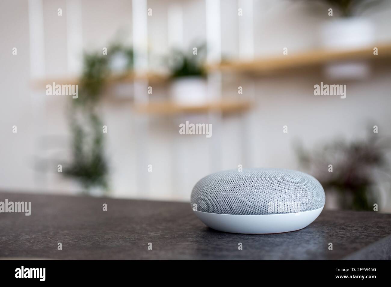 Smart speaker on table desk, voice controlled, device, smart home ...