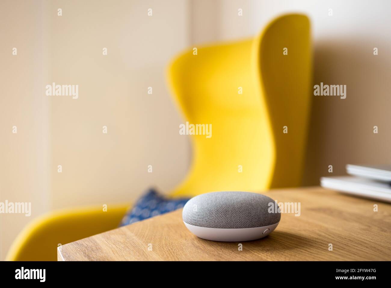 Smart speaker on table desk, voice controlled, device, smart home ...