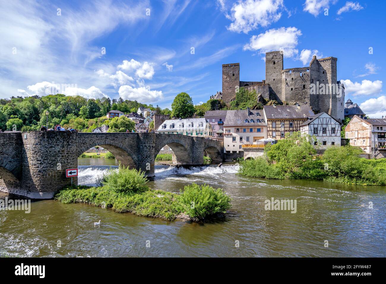 river Lahn in Runkel, Germany with old stone bridge and castle Stock ...