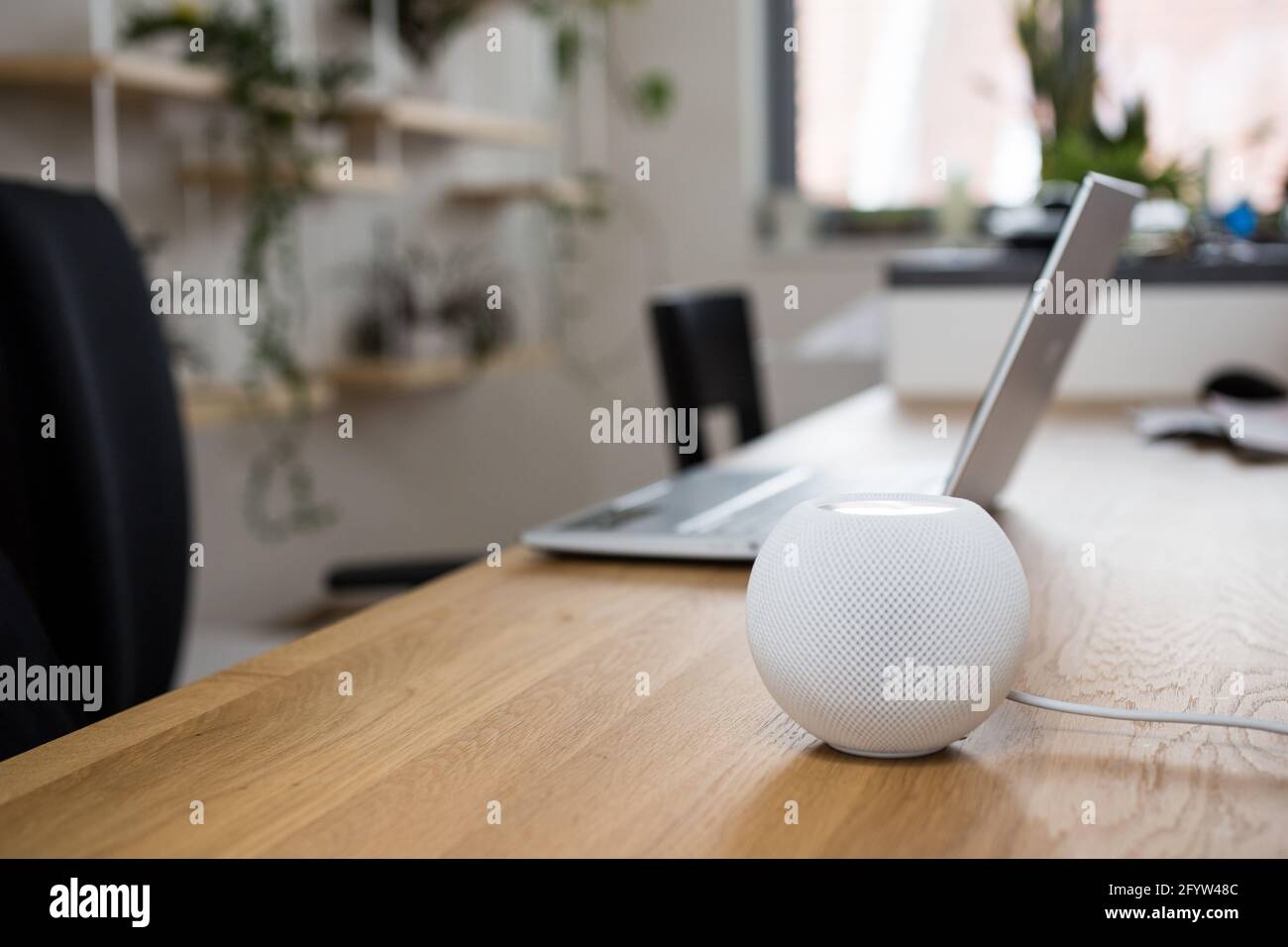 Smart speaker on table desk, voice controlled, device, smart home ...