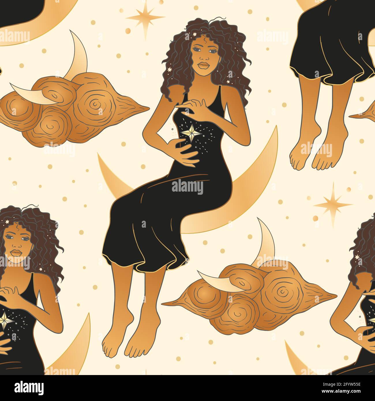 Celestial African American woman and moon esoteric golden seamless ...