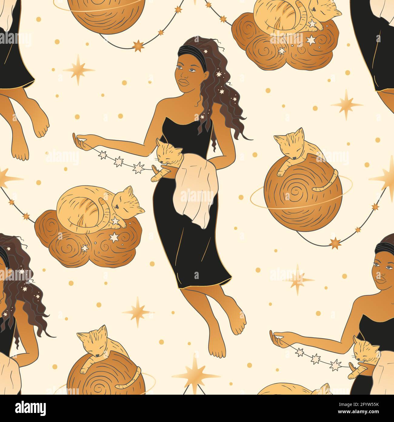 Celestial African American woman with moon and cat esoteric golden ...