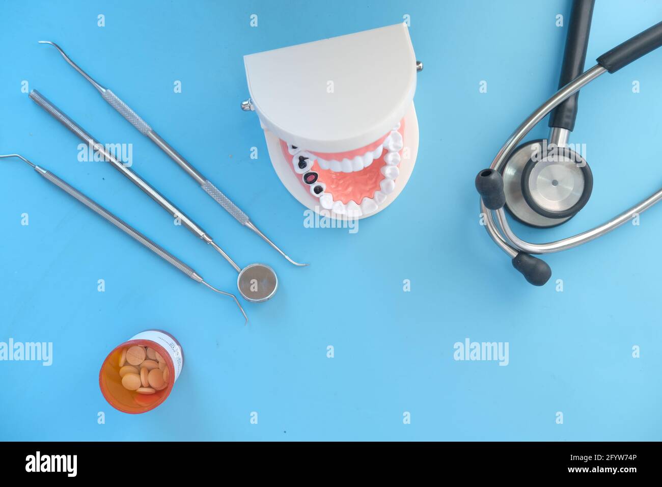 plastic dental teeth model on blue background Stock Photo - Alamy