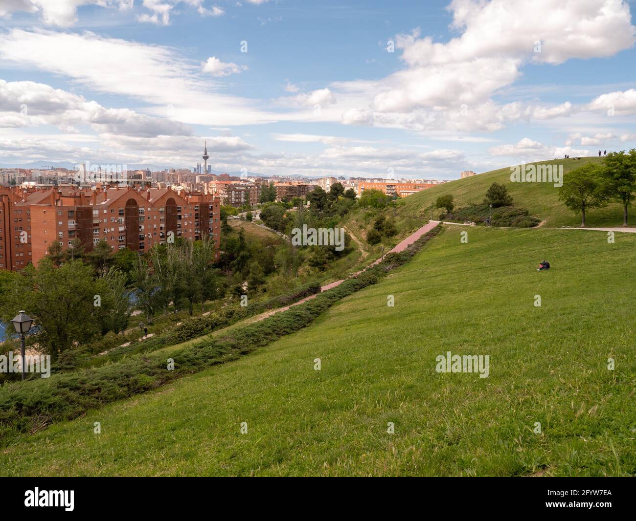 An aerial shot of the Parque del Cerro del Tio Pio in Madrid, Spain ...